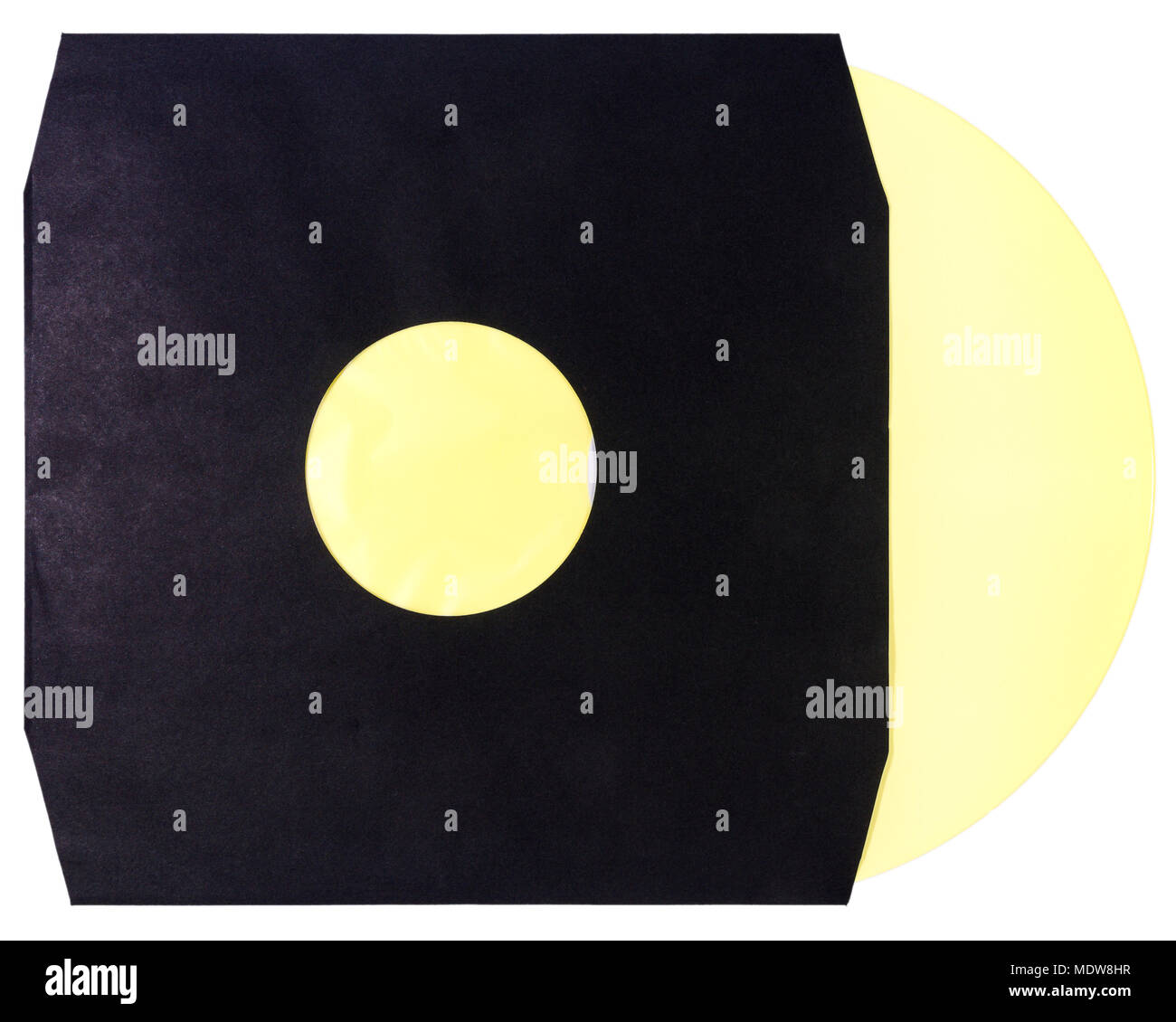 Yellow vinyl record disc in black paper envelope with white paper label ...