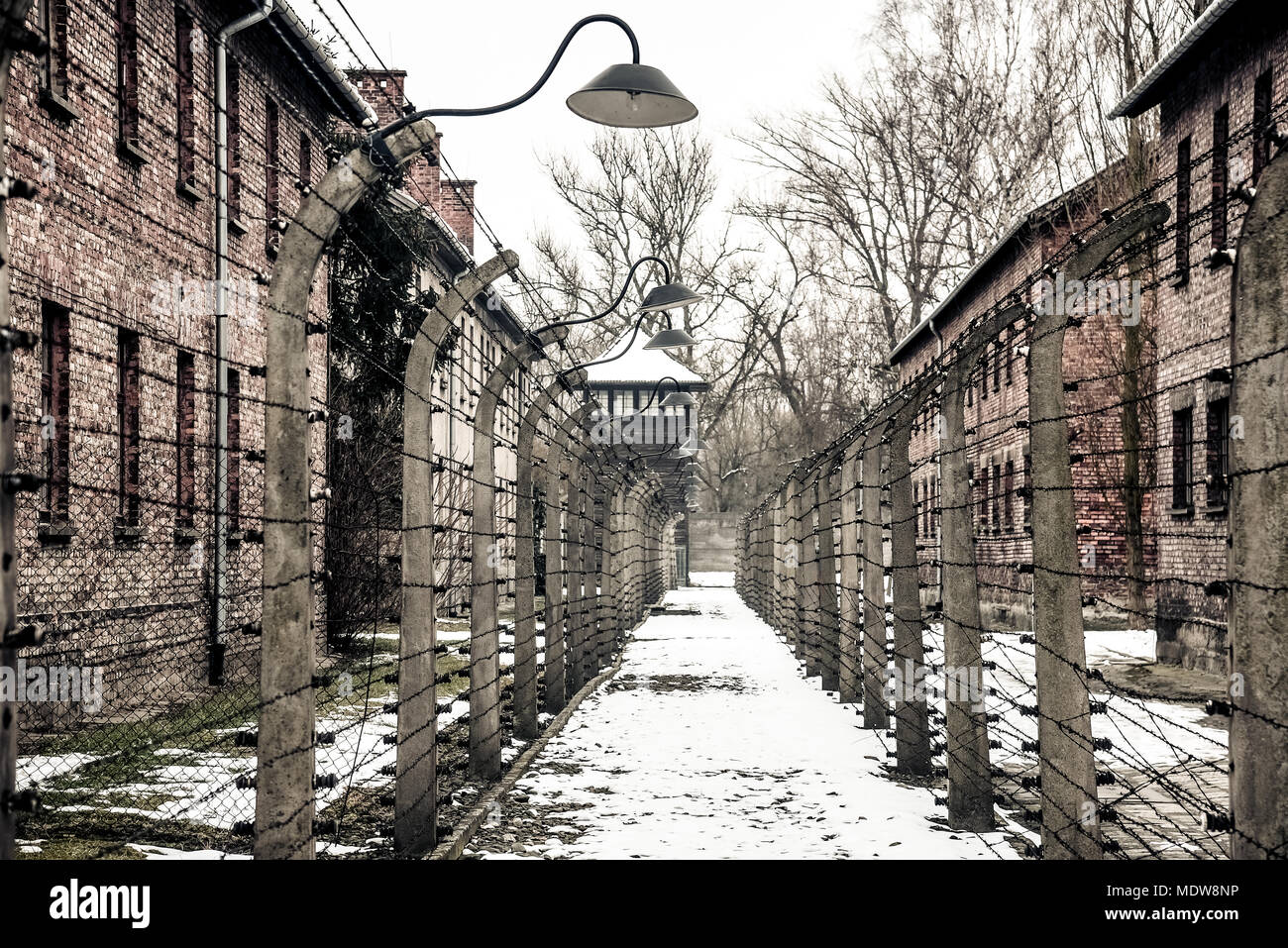Auschwitz / Oswiecim / Poland - 02.15.2018: Barbed wire fence around a ...