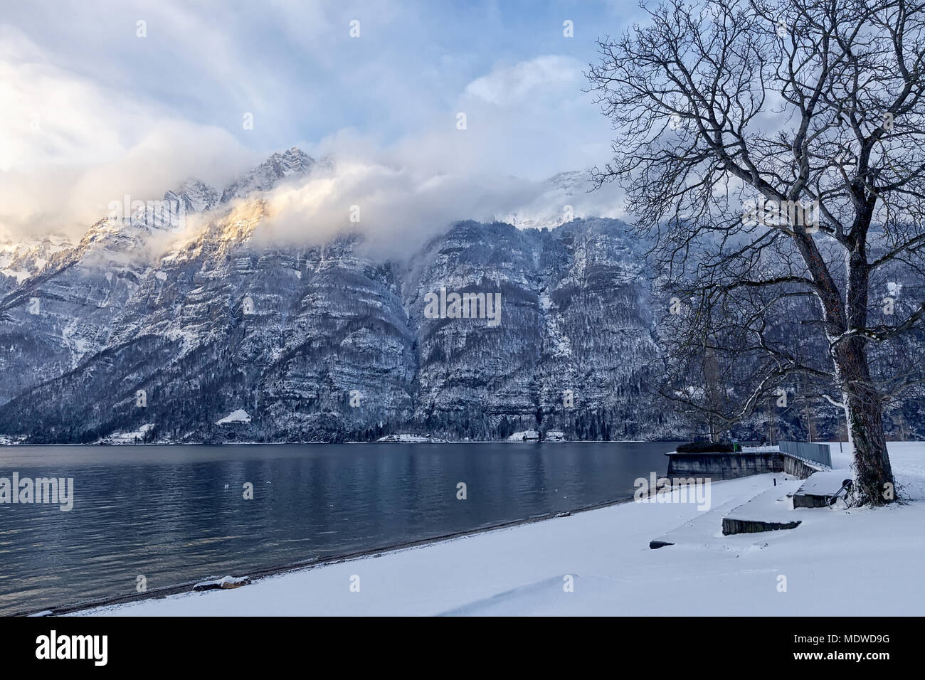 Walensee (Lake of Walen) with Churfirsten mountain range in background ...