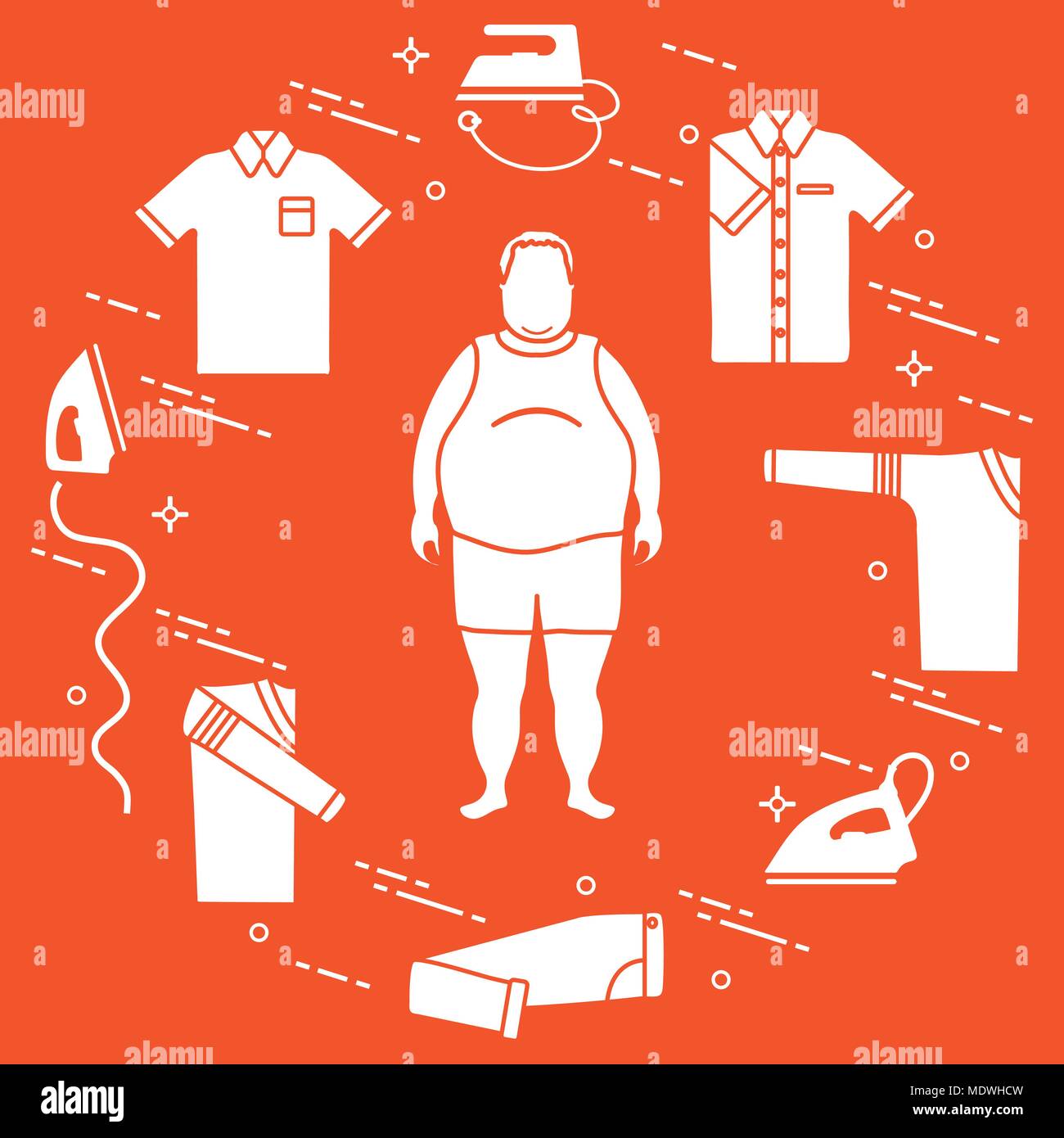 Fat man, irons, folded trousers, t-shirt, jumper, shirt. Design for ...