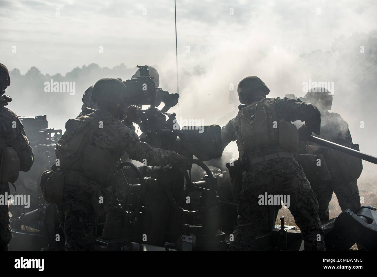 Marines sight-in on a target with an M777 A2 howitzer during a direct ...