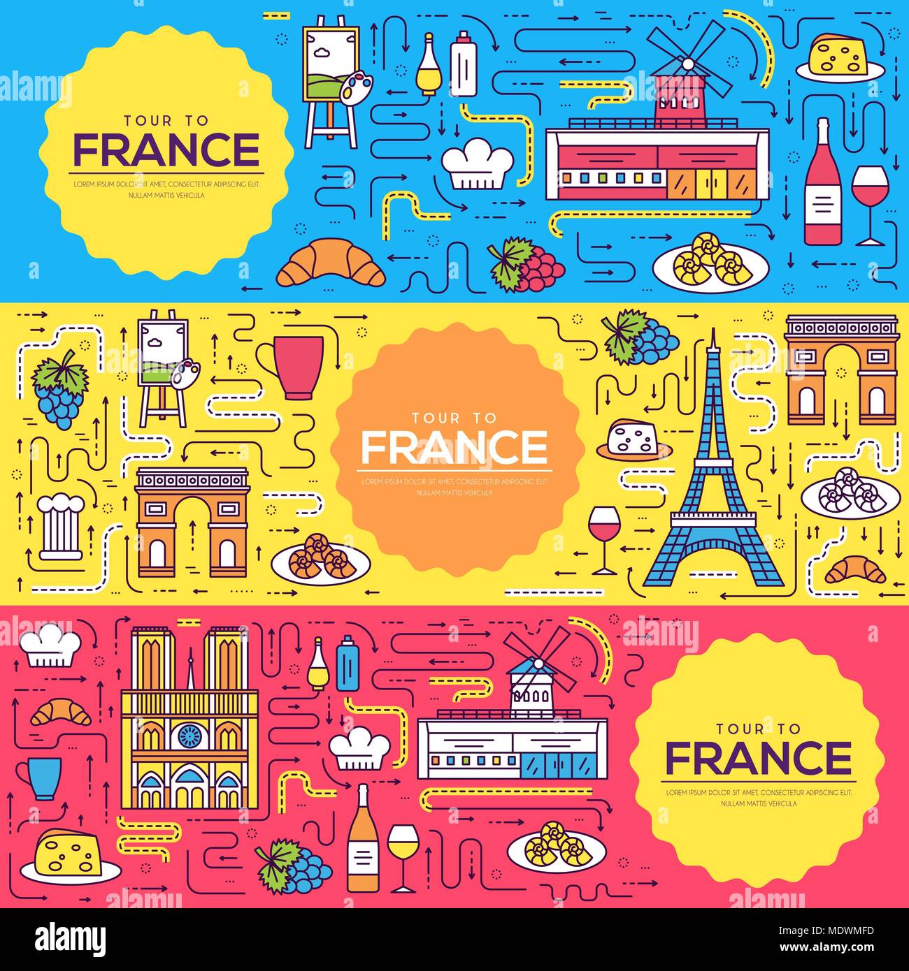 France vector brochure cards thin line set. Country monument, travel ...