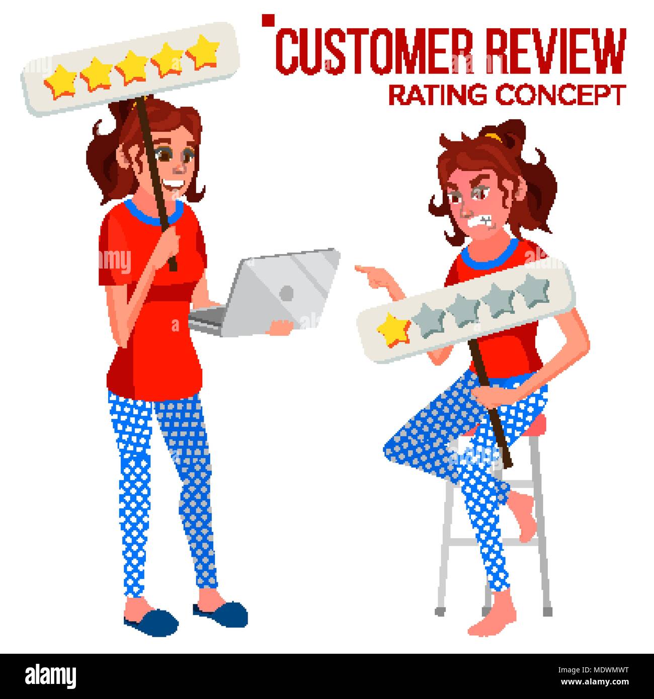Customer Review Vector. Happy And Unhappy Woman. Review Rating ...