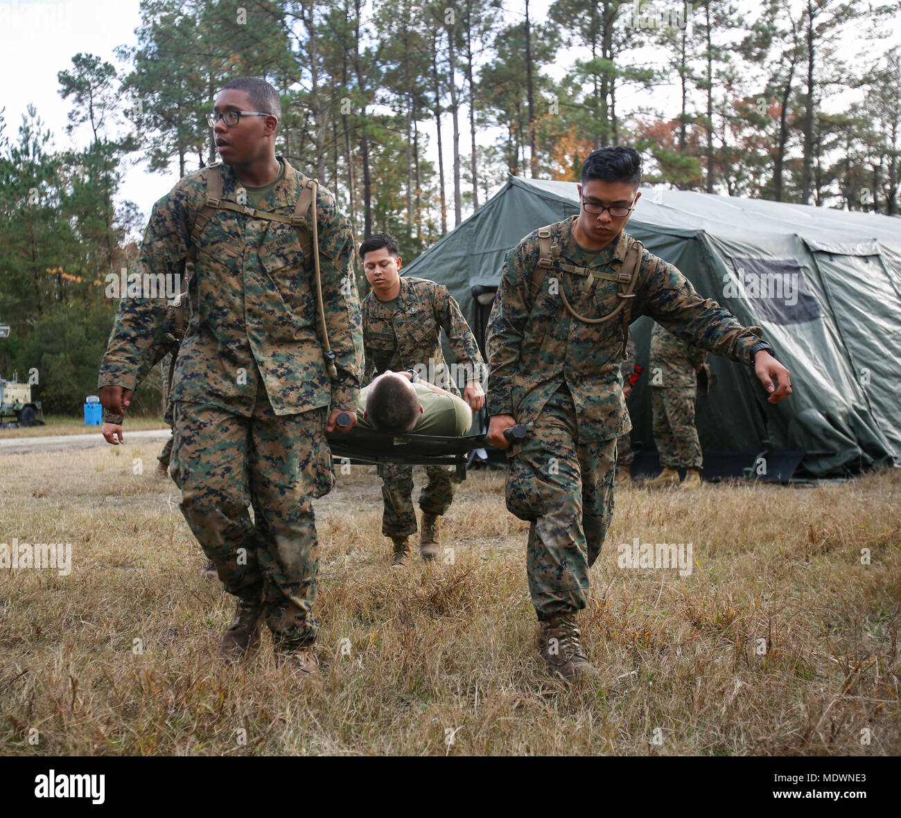 A patient is transported by hospital corpsmen with Charlie Company, 2nd ...