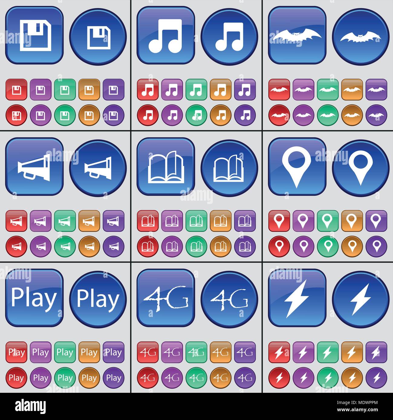 Floppy disk, Note, Bat, Megaphone, Book, Checkpoint, Play, 4G, Flash. A ...