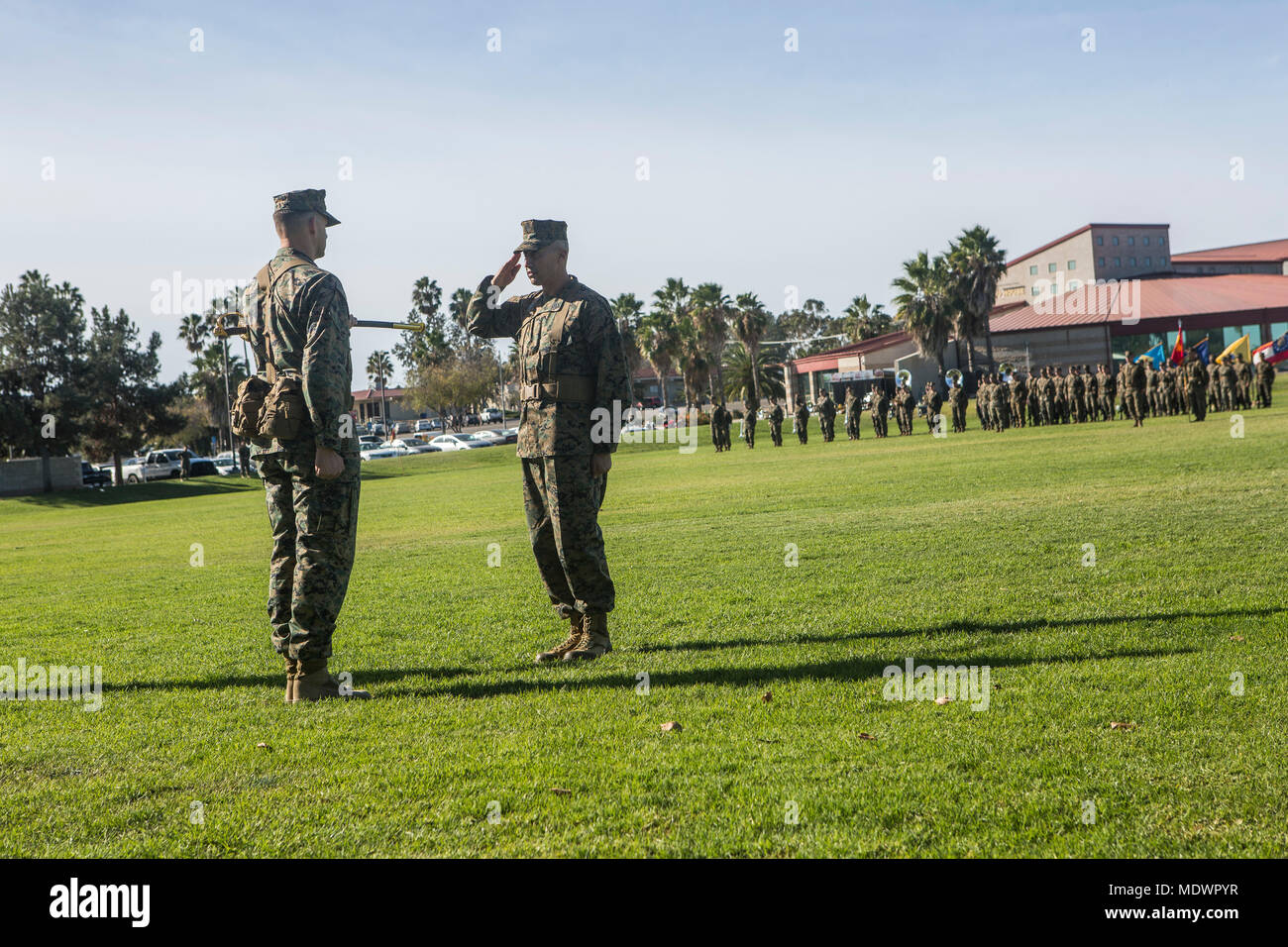 U.S. Marines Sgt. Maj. Justin Stokes salutes to Lt. Col. Gary D ...