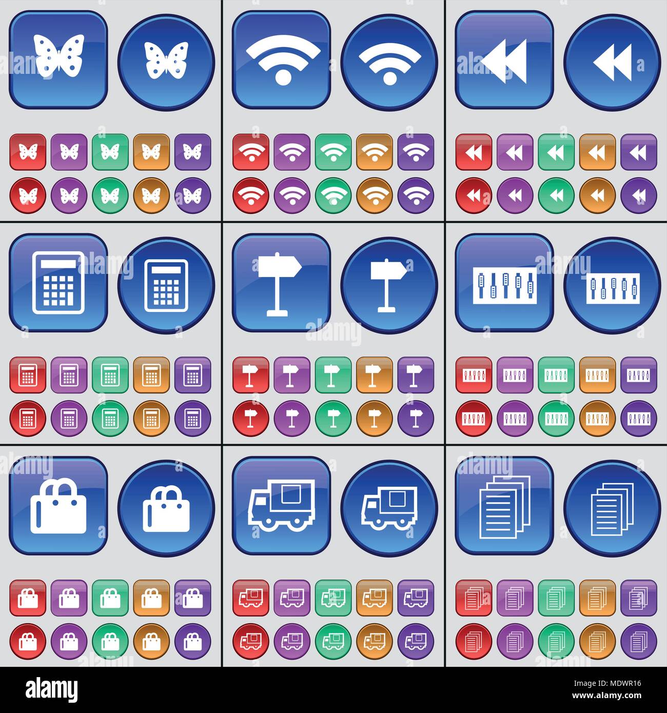 Butterfly, Wi-Fi, Rewind, Calculator, Sign, Equalizer, Shopping bag ...