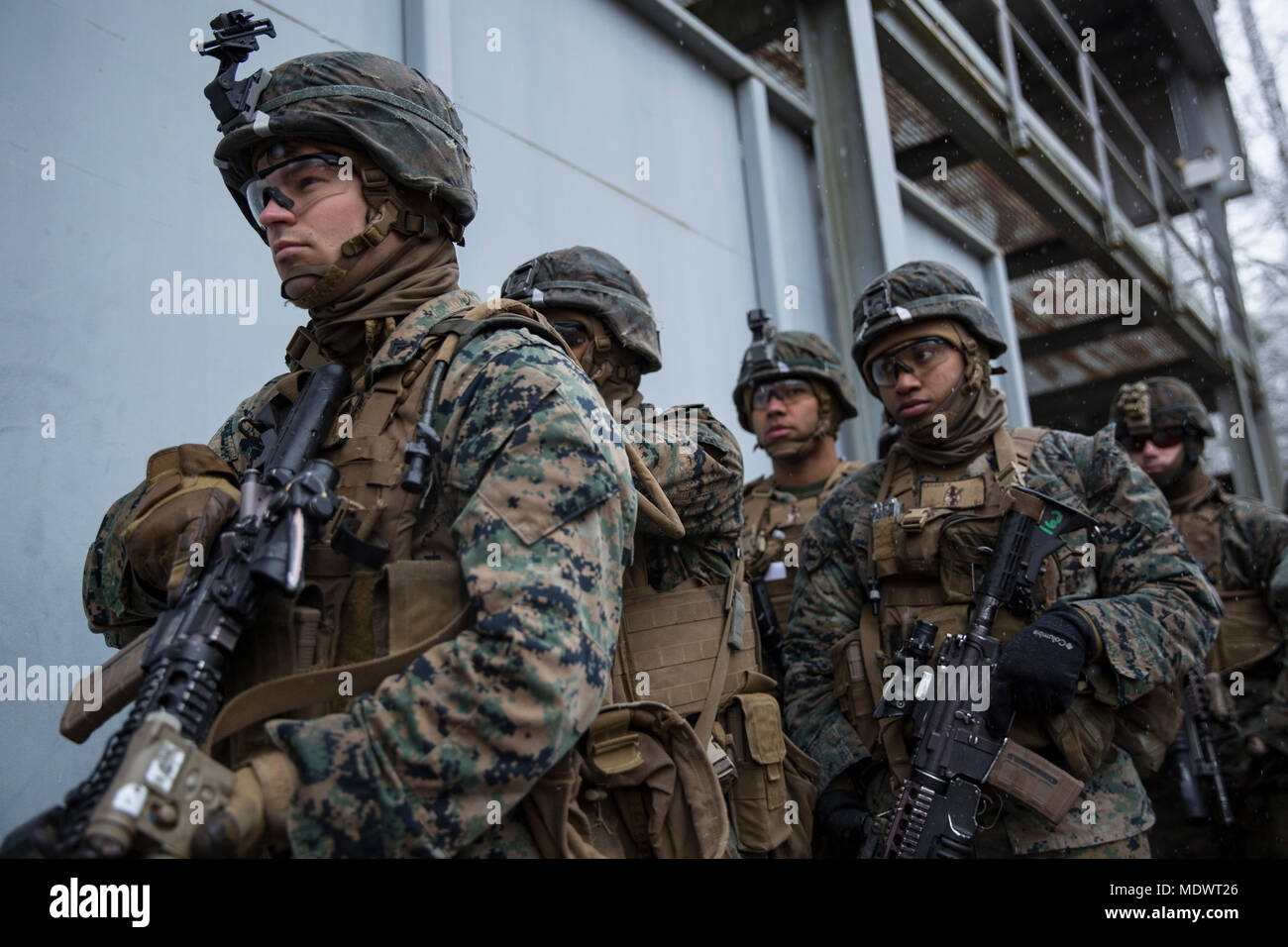 U.S. Marines with Company G., 2nd Battalion, 8th Marine Regiment, stack ...