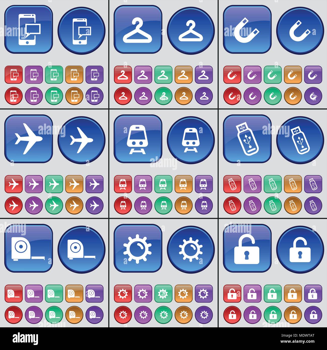 SMS, Hanger, Magnet, Airplane, Train, USB, Tape measure, Gear, Lock. A ...