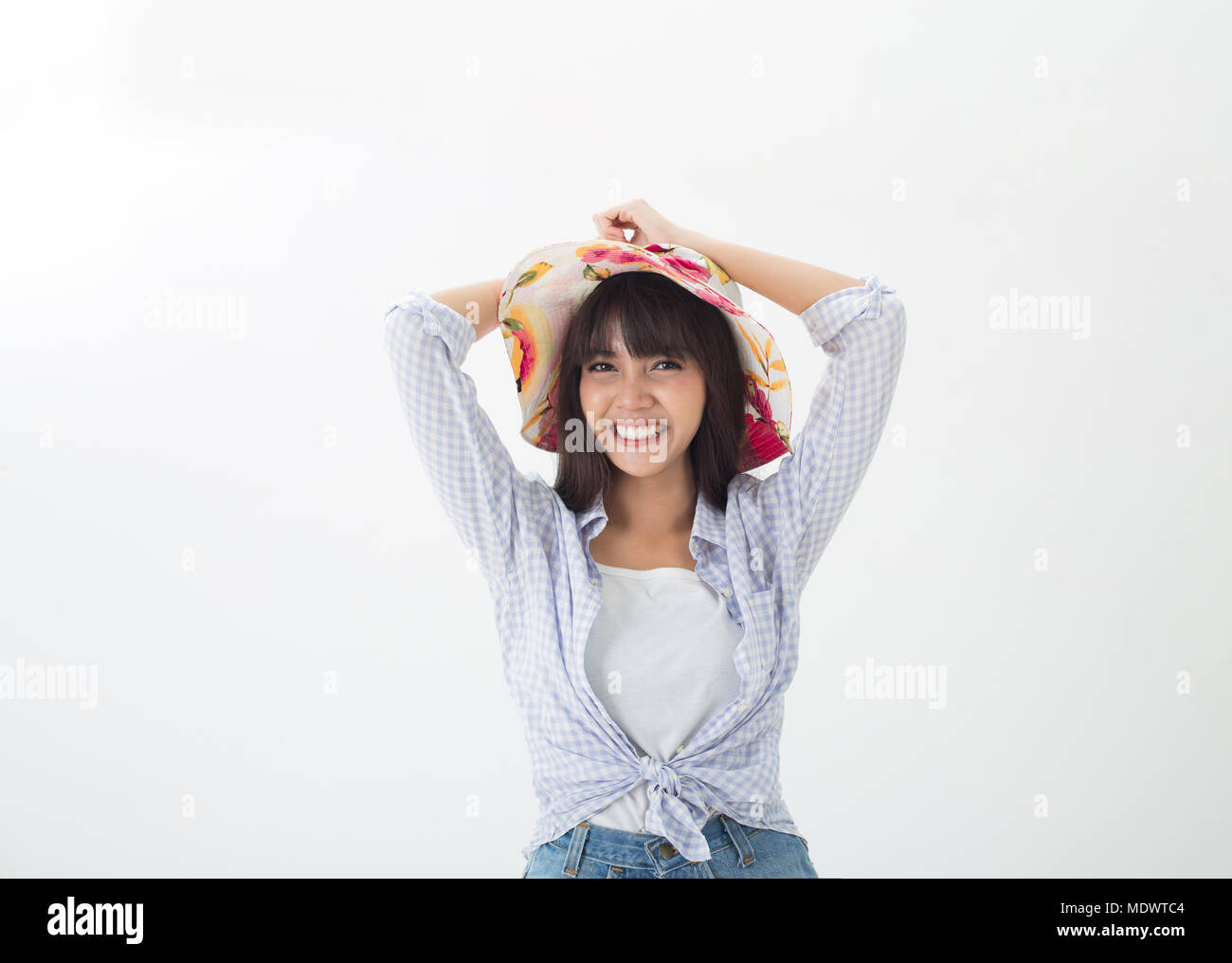 Beautiful Thai girl smiling and joyful her lifestyle on white ...
