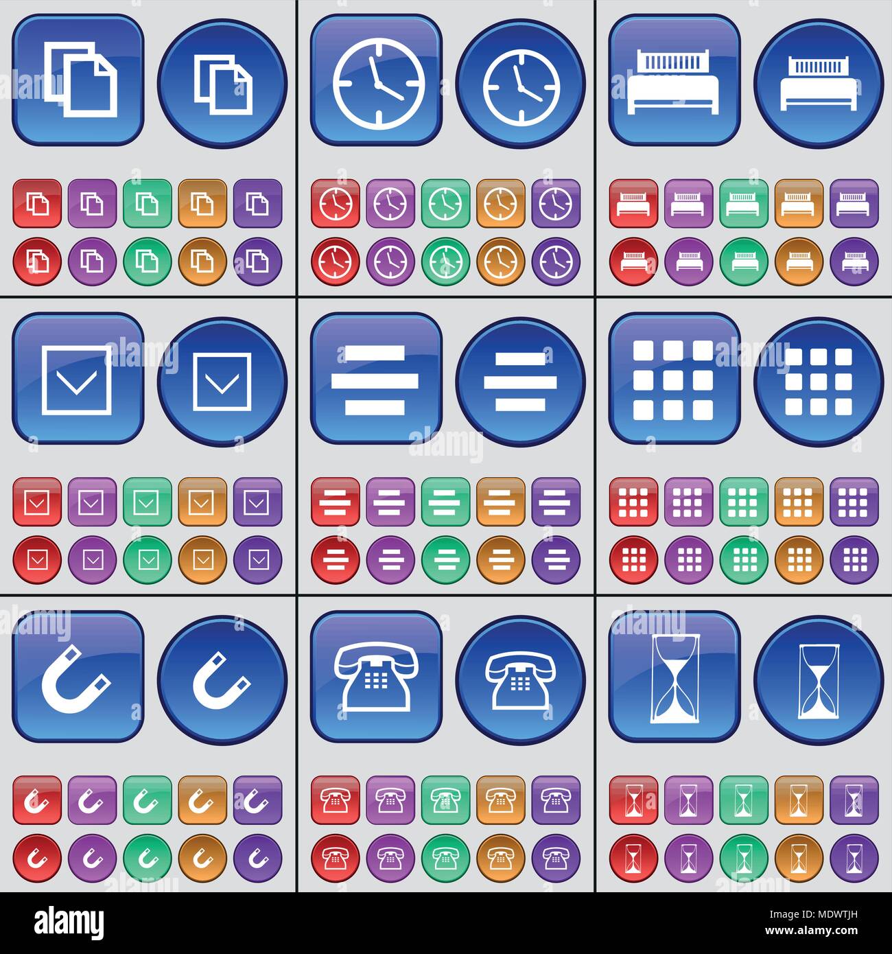 Copy, Clock, Bed, Arrow down, List, Apps, Magnet, Phone, Hourglass. A ...