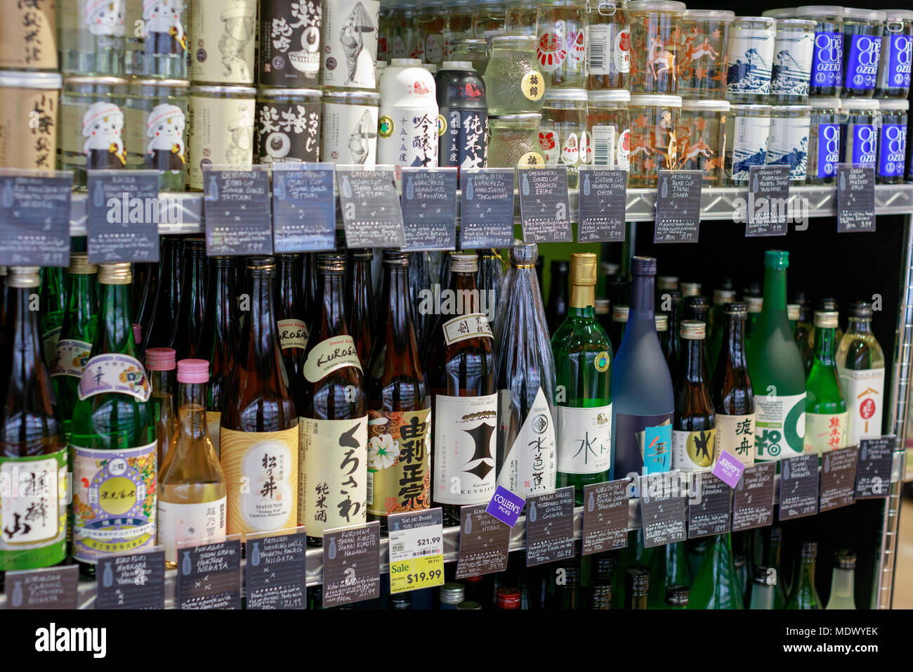Portland, Oregon, USA - April 19, 2018: Sake, japanese drink on display ...