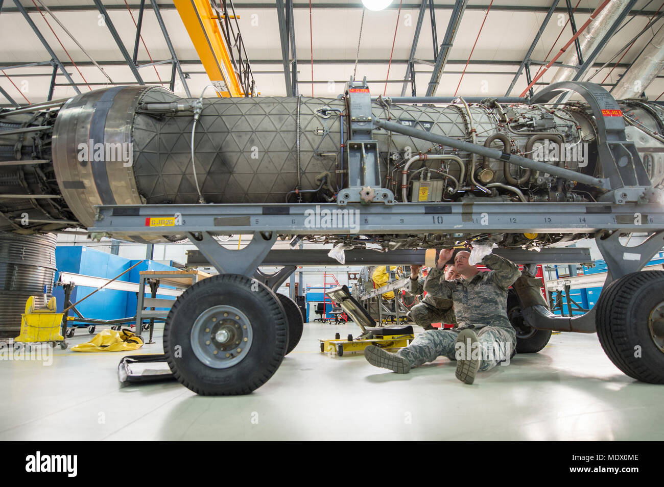 Airmen assigned to the 48th Component Maintenance Squadron inspect a ...