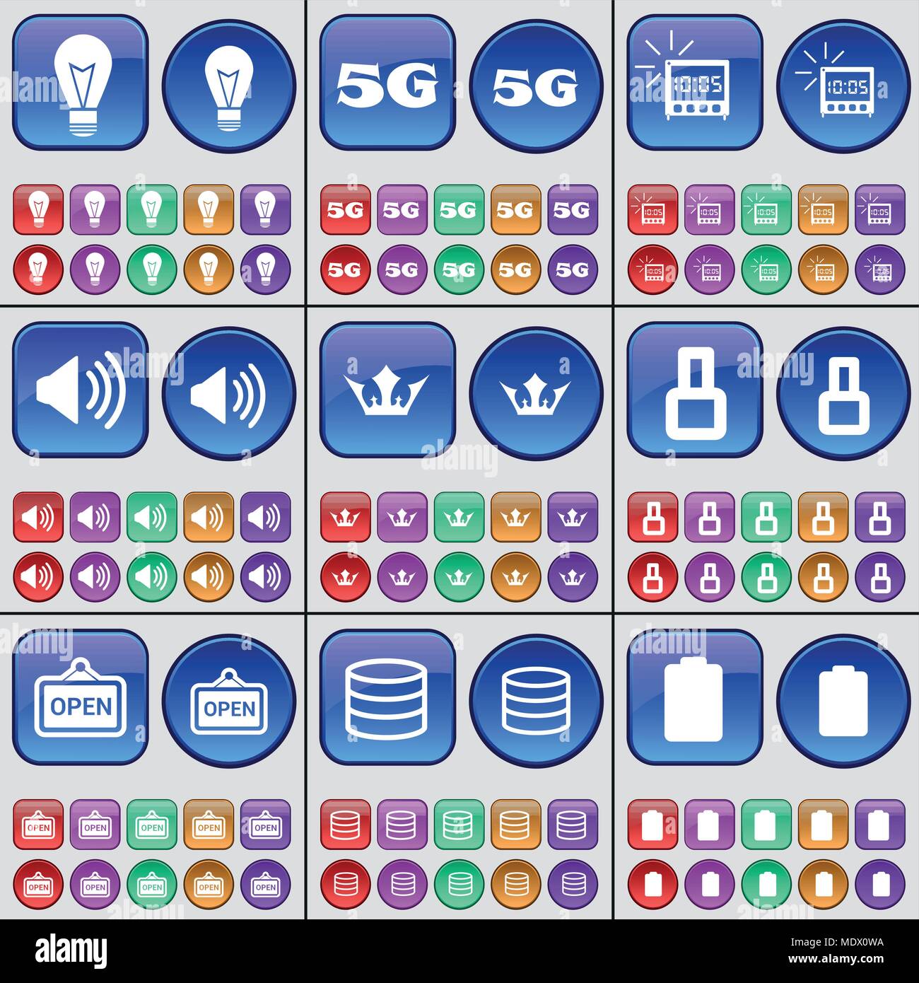 Light bulb, 5G, Alarm clock, Sound, Crown, Eight, Open, Database ...