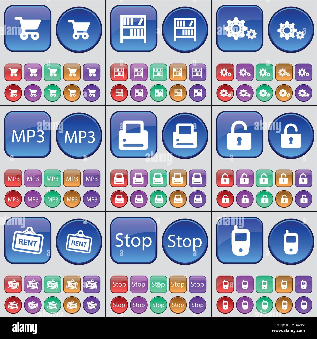 Shopping cart, Bookshelf, Gear, MP3, Printer, Lock, Rent, Stop, Mobile ...