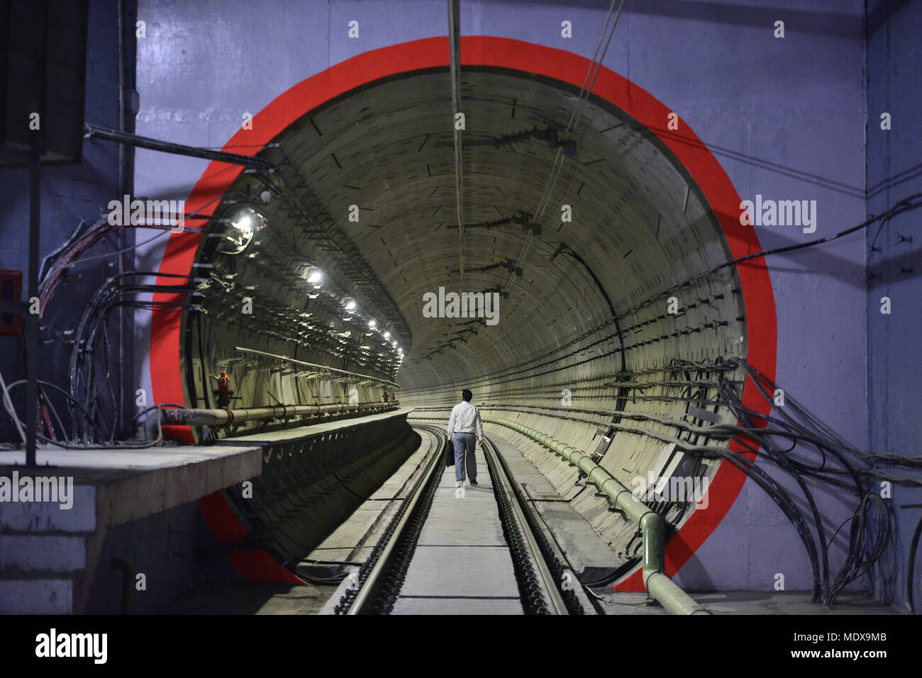 New Delhi, India. 20th April, 2018. A man is seen walking inside the ...