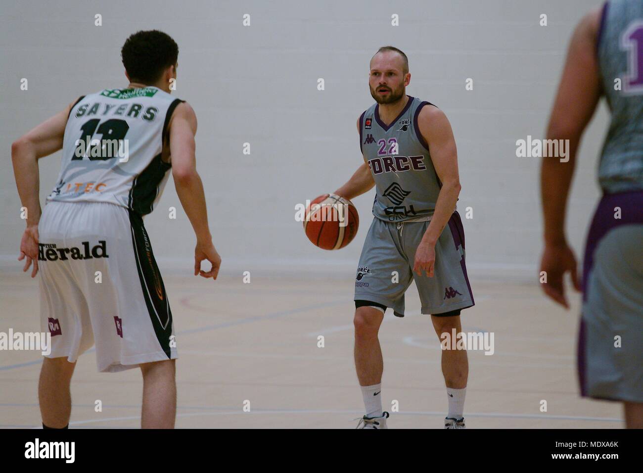 Leeds, England, 20 April 2018. Vytautas Kamarowas, with the ball, playing for Leeds Force in the ...