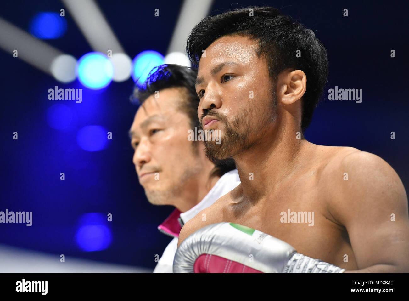 Kanagawa, Japan. 15th Apr, 2018. (R-L) Daigo Higa (JPN), Joji Nogi Boxing : Daigo Higa of Japan ...