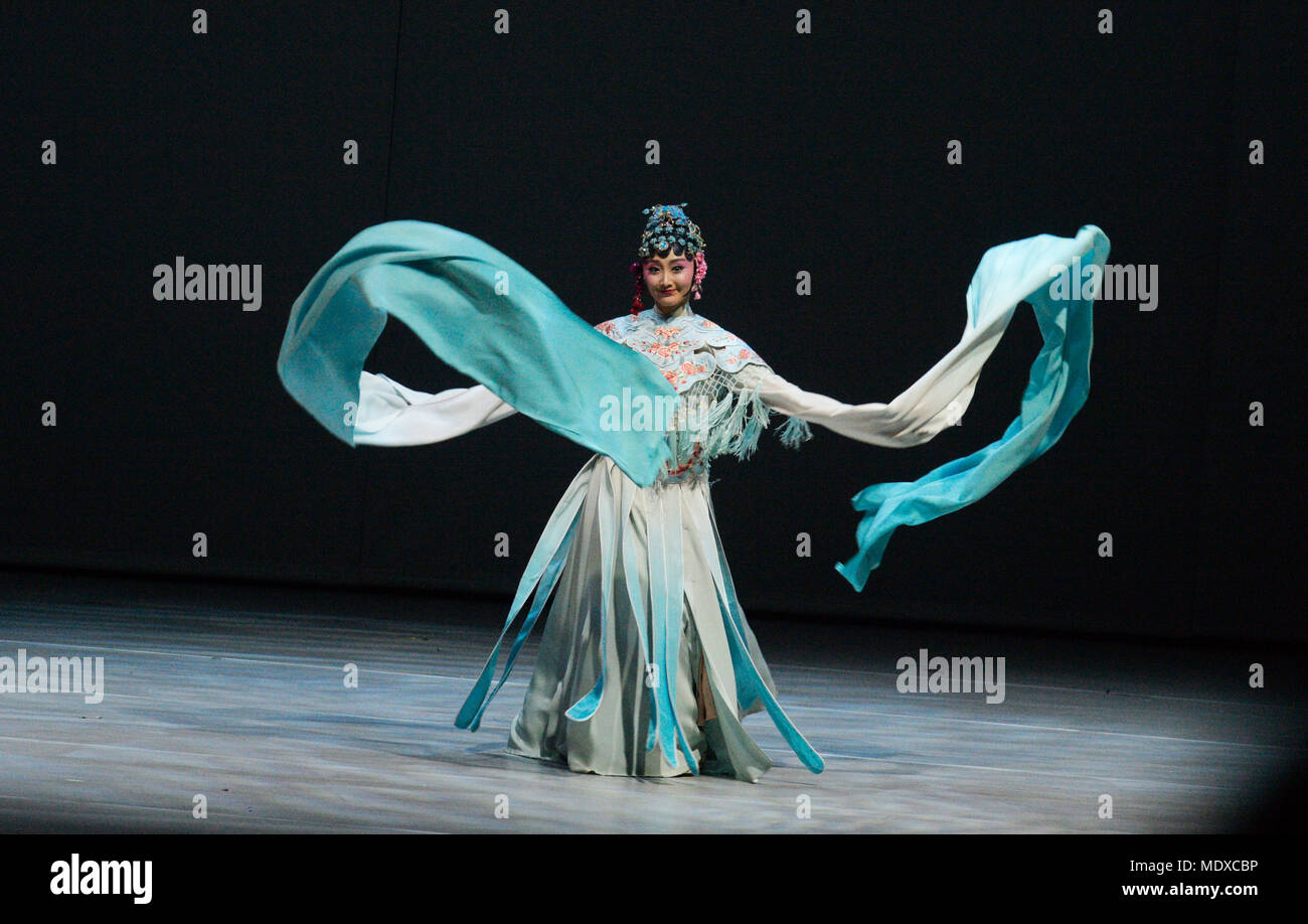 Tianjin, China. 20th Apr, 2018. An actor performs in the dance drama ...