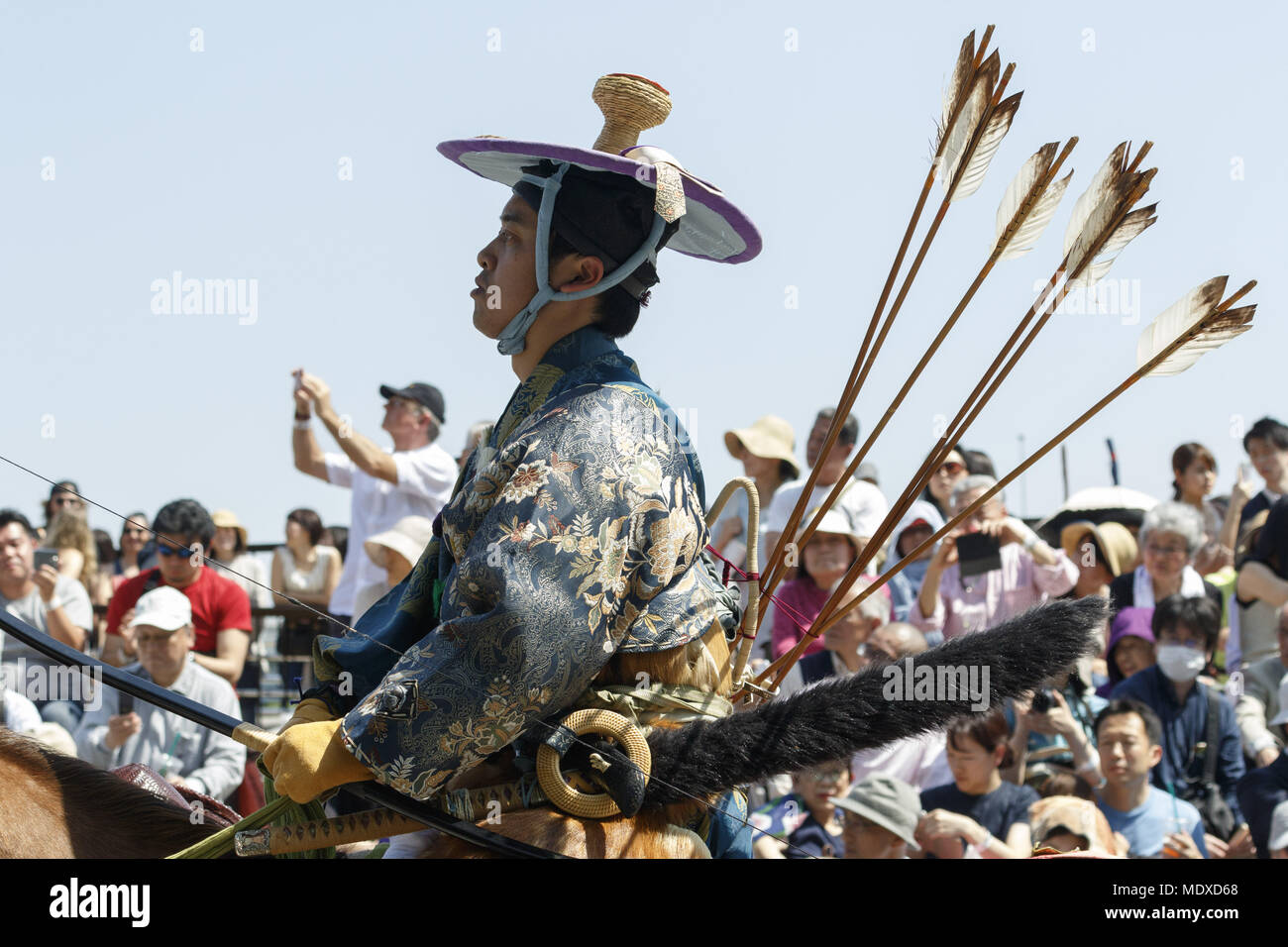 Tokyo, Japan. 21st Apr, 2018. A mounted archer wearing traditional ...