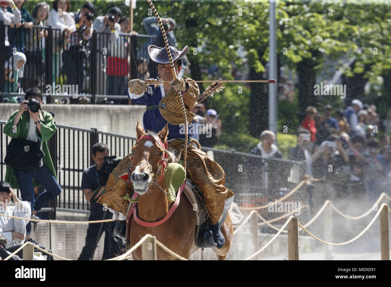 Tokyo, Japan. 21st Apr, 2018. A mounted archer wearing traditional ...