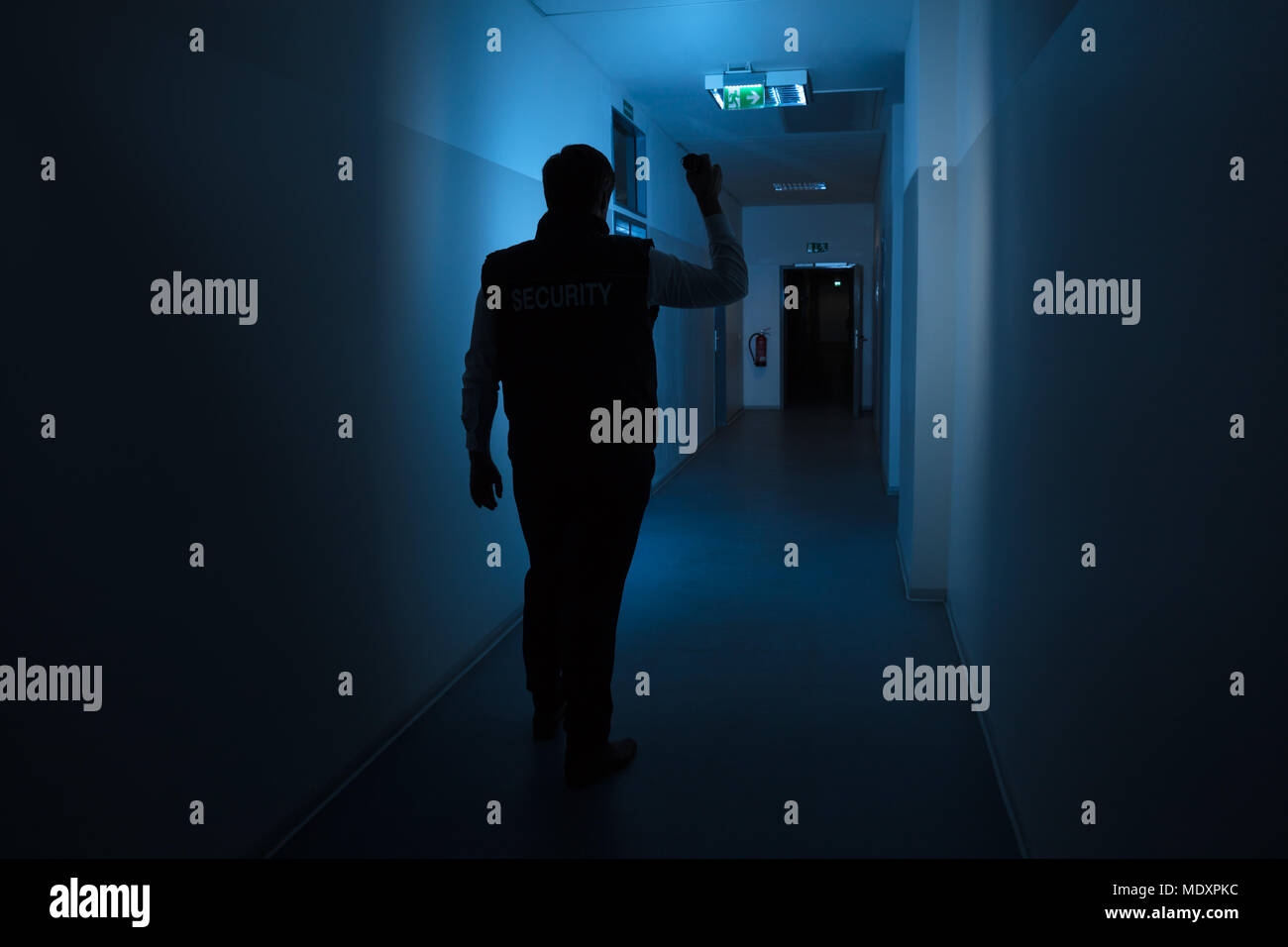 Rear View Of A Security Guard Standing In Corridor Of The Building ...