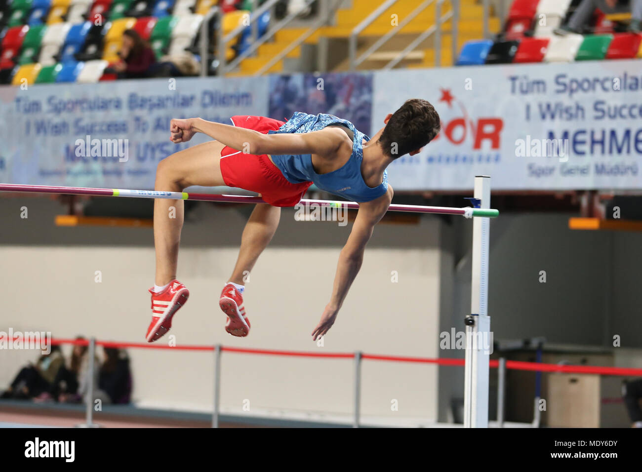 ISTANBUL, TURKEY - JANUARY 06, 2018: Undefined athlete high jumping ...