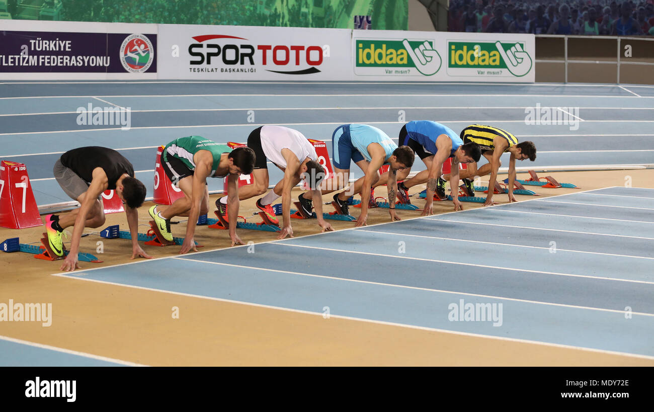 ISTANBUL, TURKEY - JANUARY 06, 2018: Athletes running 60 meters during ...