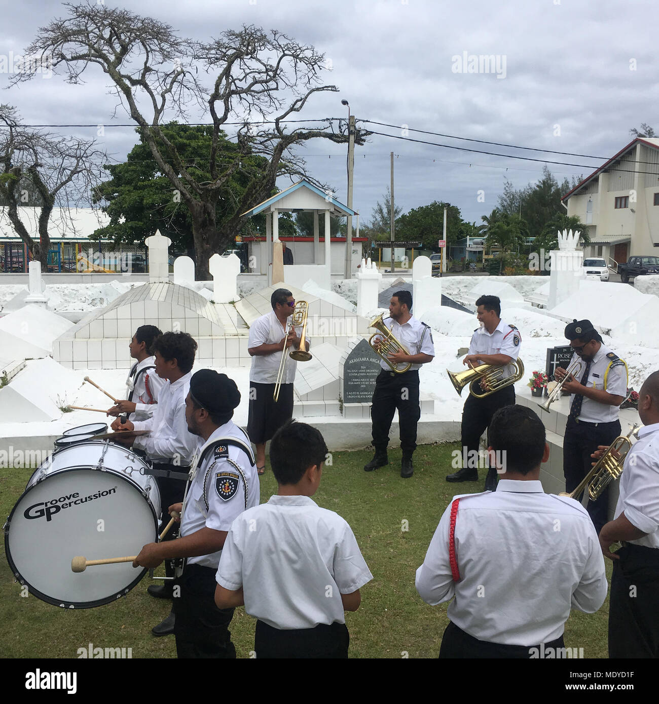 Boys Brigade and Scouts brass band at a church service, in Cook Islands ...
