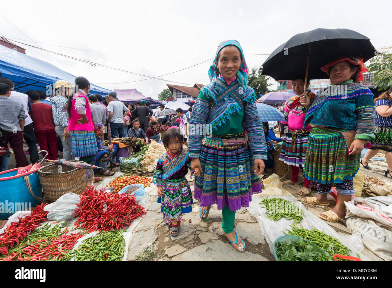 Hmong woman and girl at the Sunday market; Bac Ha, Lao Cai, Vietnam ...