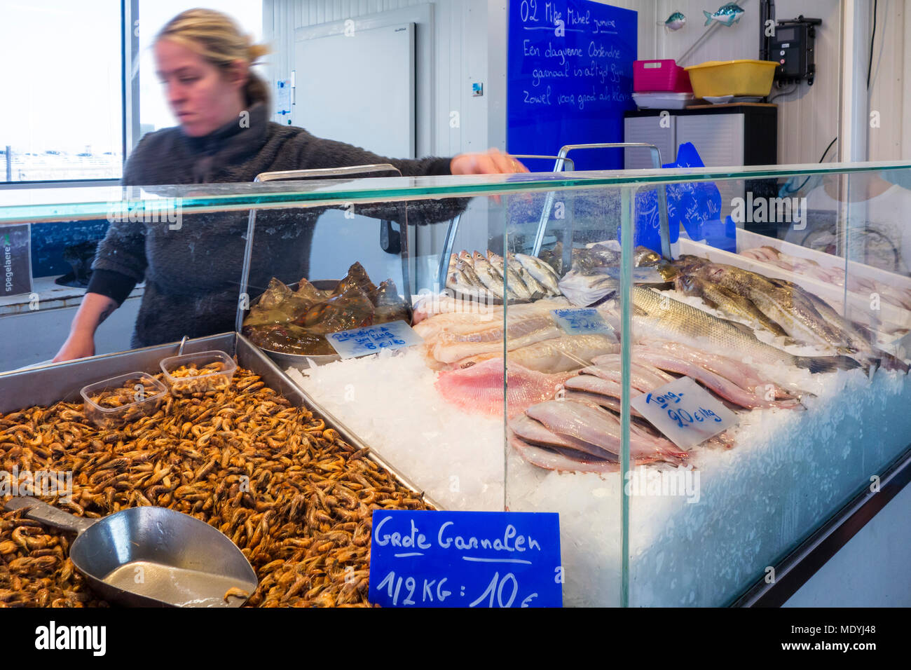 Counter with fresh fish on display at the open-air fish market ...