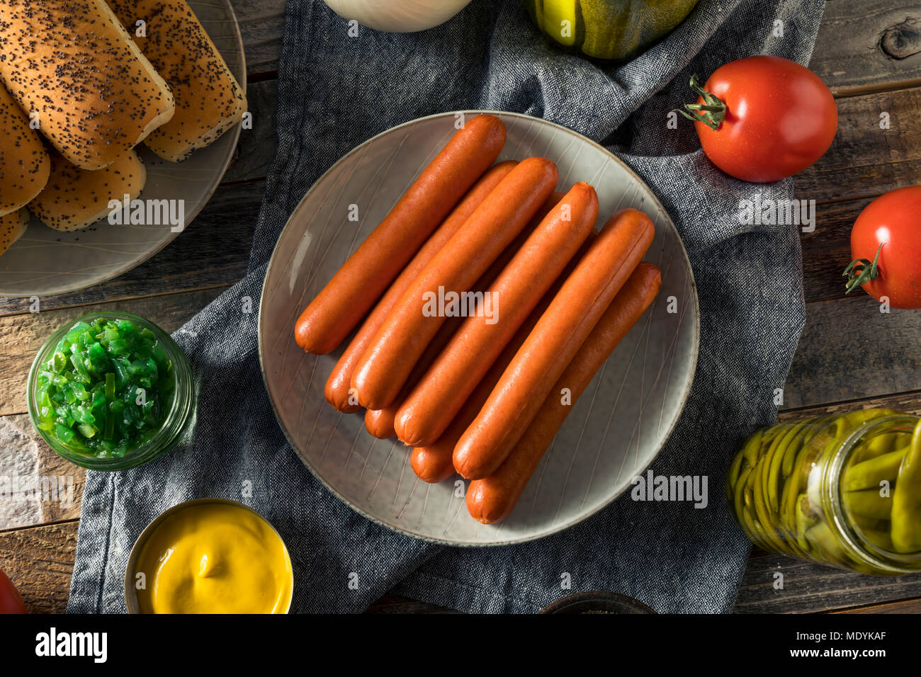 Chicago Style Hot Dog Ingredients with Mustard Pickles Relish Tomato ...