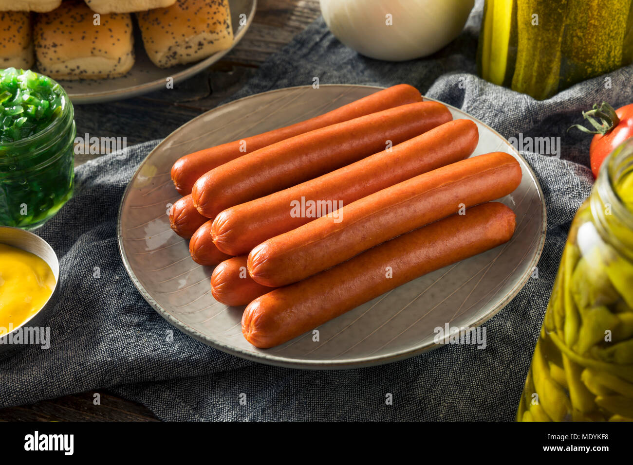 Chicago Style Hot Dog Ingredients with Mustard Pickles Relish Tomato ...