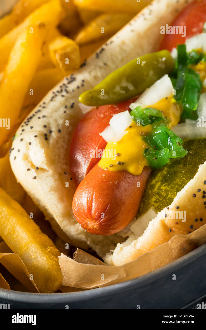 Homemade Chicago Style Hot Dog with Mustard Pickles Relish Tomato and ...