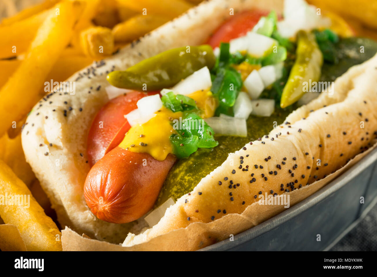 Homemade Chicago Style Hot Dog with Mustard Pickles Relish Tomato and ...