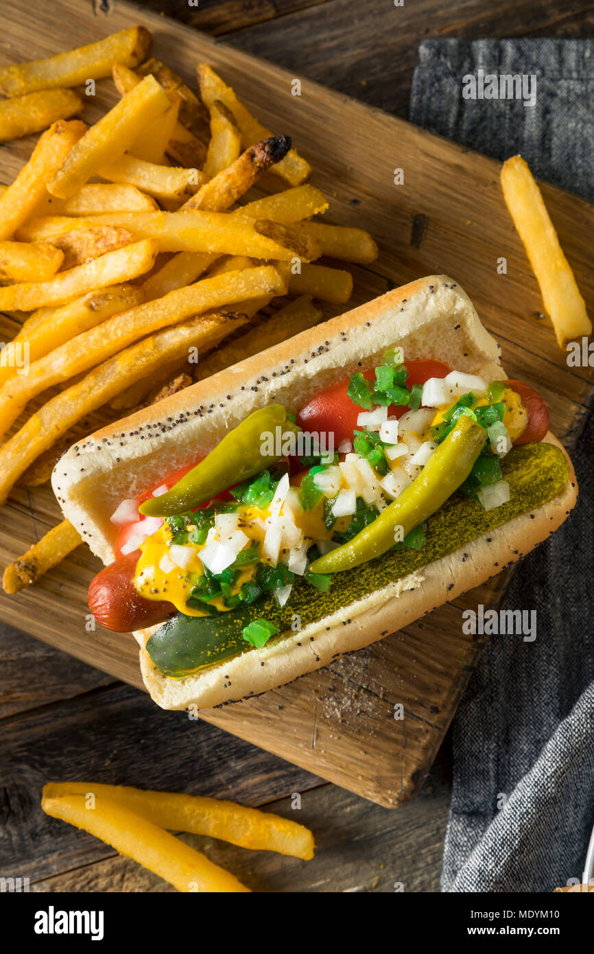 Homemade Chicago Style Hot Dog with Mustard Pickles Relish Tomato and ...