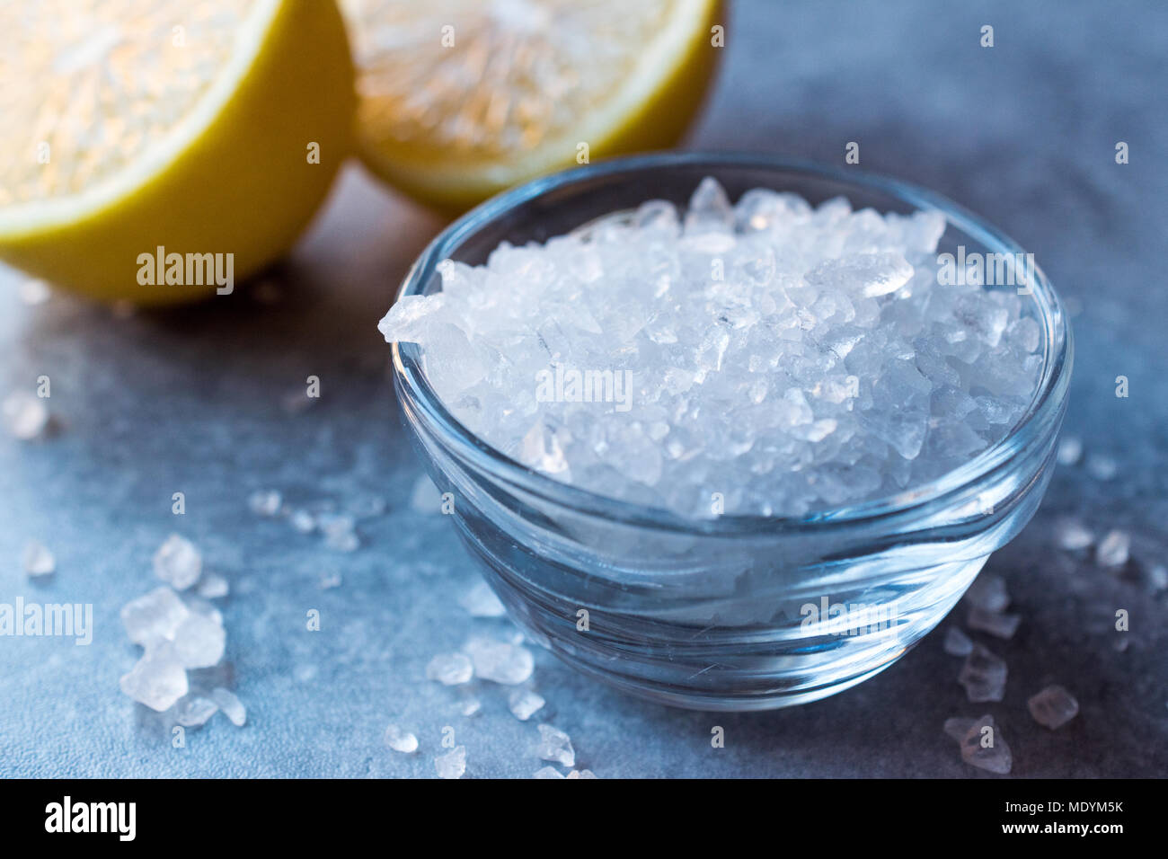 Lemon Sea Salt Crystals on Blue Surface. Organic Product Stock Photo ...