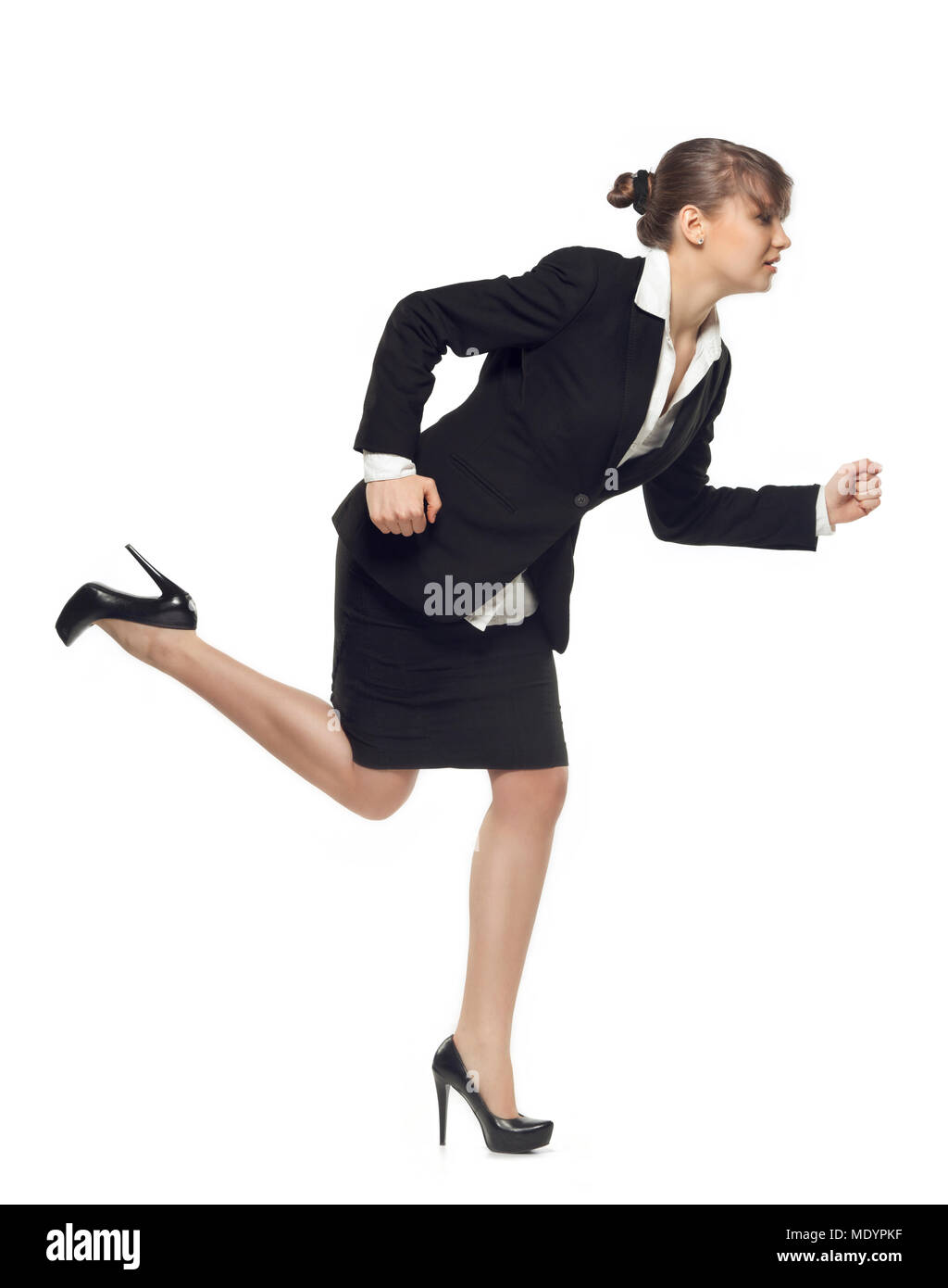 business woman in hurry running, in profile view, isolated on white ...