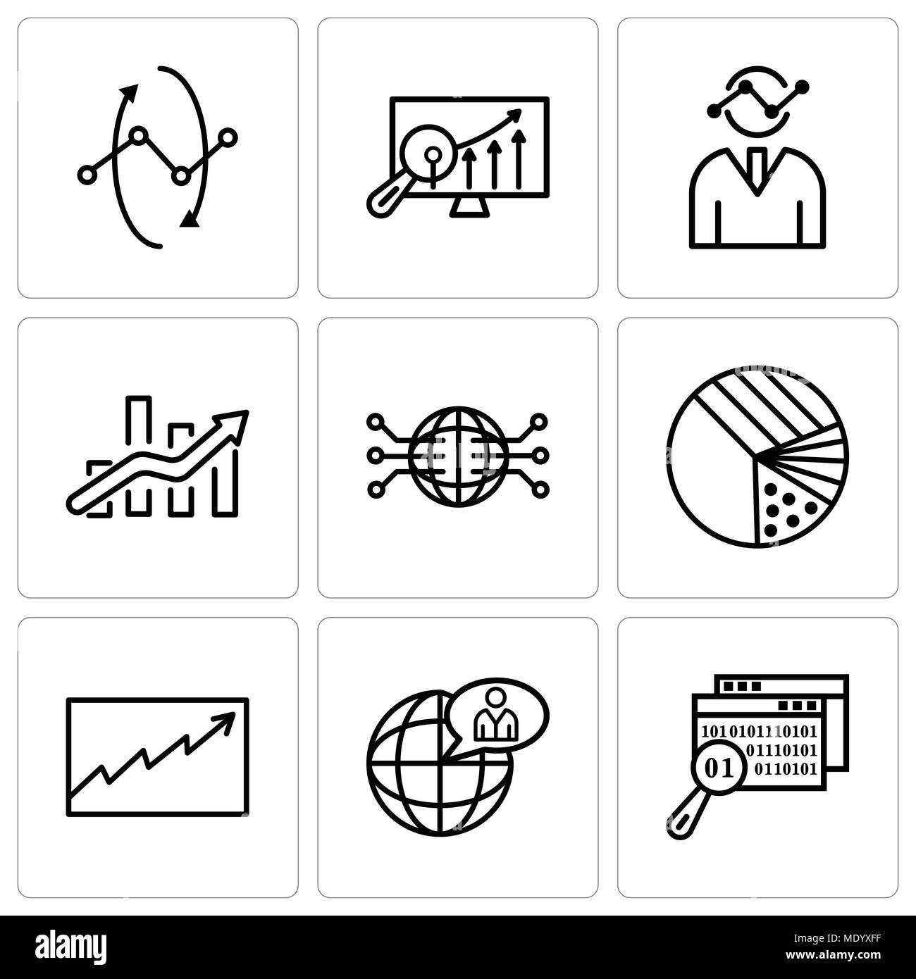 Set Of 9 simple editable icons such as Data search, Global user, Data analytics, Pie graphic ...