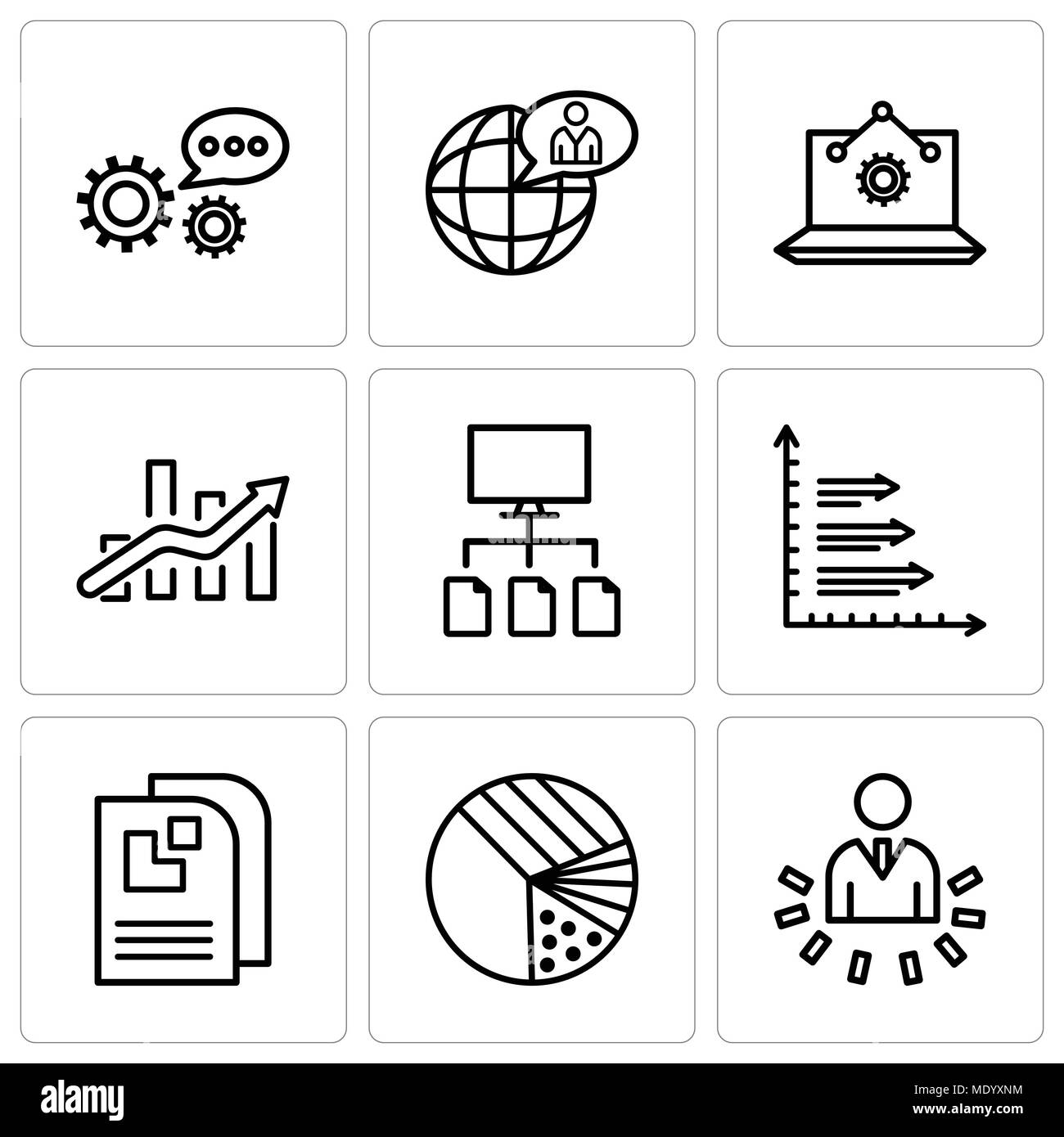 Set Of 9 simple editable icons such as User data analytics, Pie graphic with four areas, Data ...
