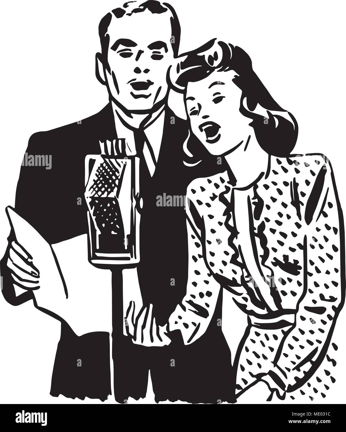 Couple Singing Into Microphone Retro Clipart Illustration Stock