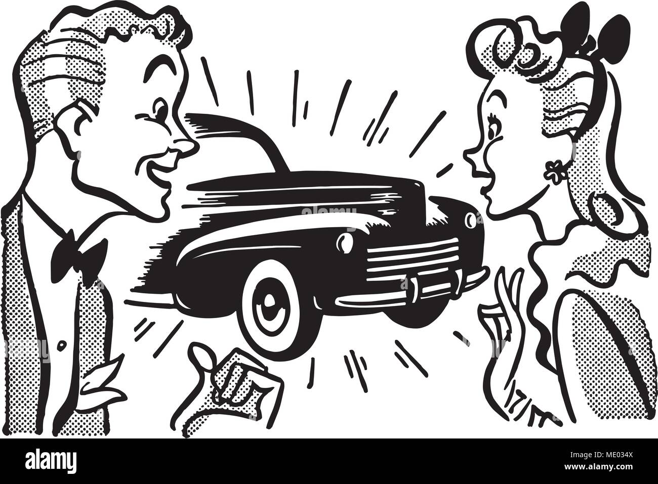 Couple With New Car - Retro Clipart Illustration Stock Vector Image ...