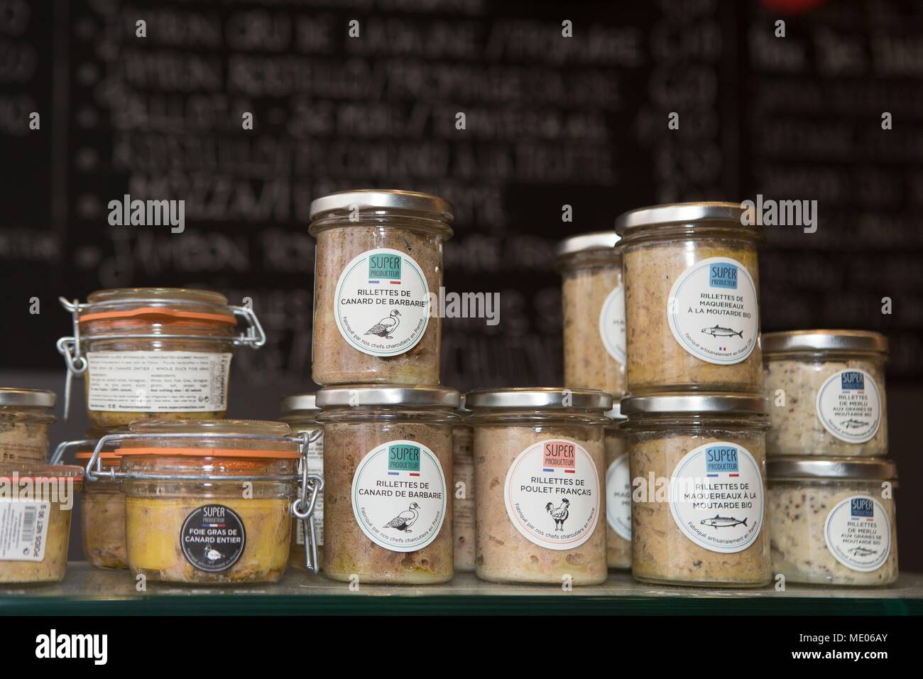 Paris, shops food, delicatessen, preserved jars, Barbary duck rillettes ...