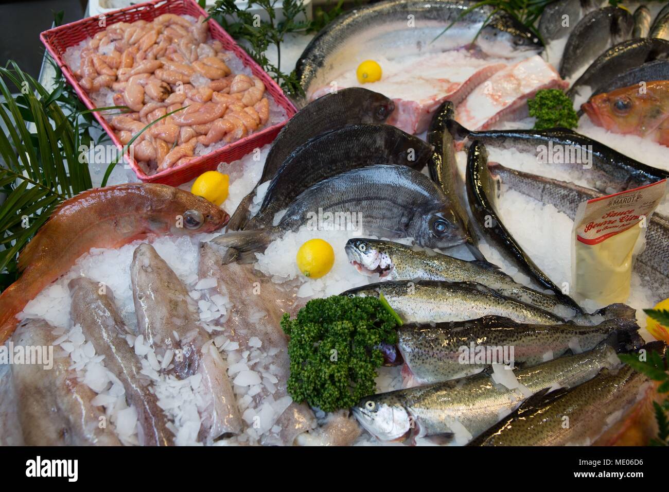 Paris, shops food, fish shop, seafood, fish, prawns Stock Photo - Alamy