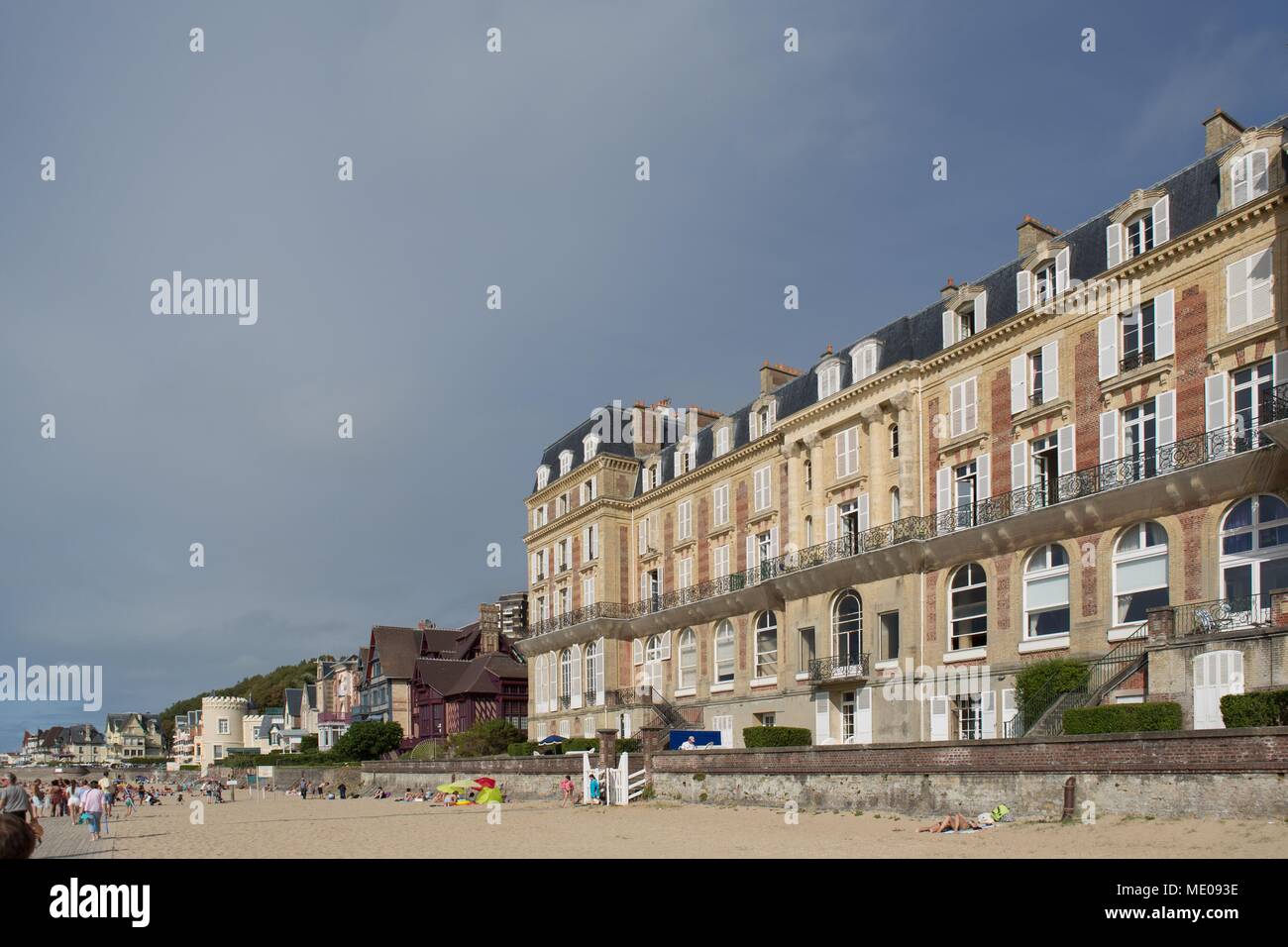 France, Normandy region, former Lower Normandy, Trouville-sur-Mer, beach, villas on the seafront ...