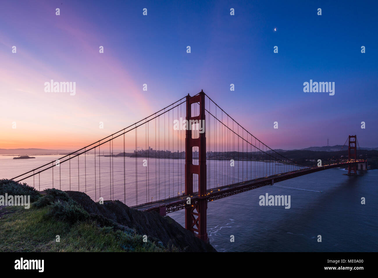 Sunrise view of Alcatraz, San Francisco and the Golden Gate Bridge from ...