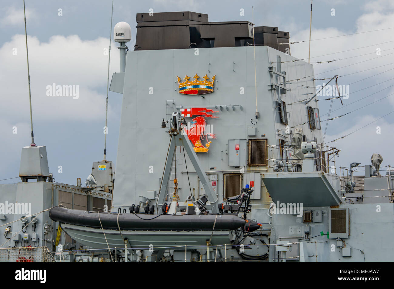 Close up of the funnel and badges on the British Royal Navy Type 23 ...
