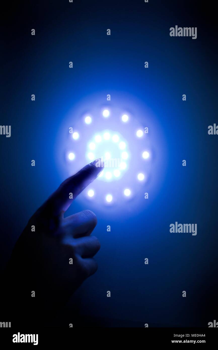 Person pressing button on screen Stock Photo - Alamy