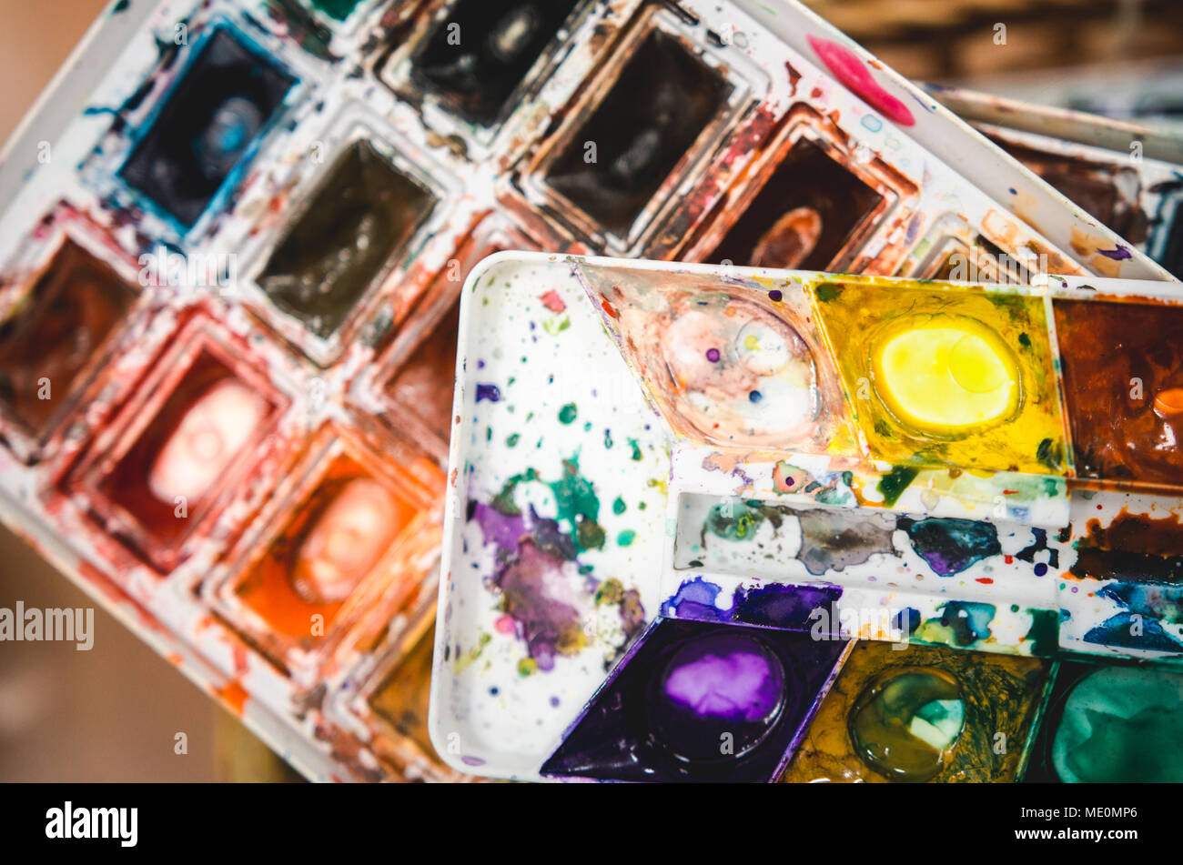 Set of watercolor paints. Details of dirty watercolors palette Stock ...