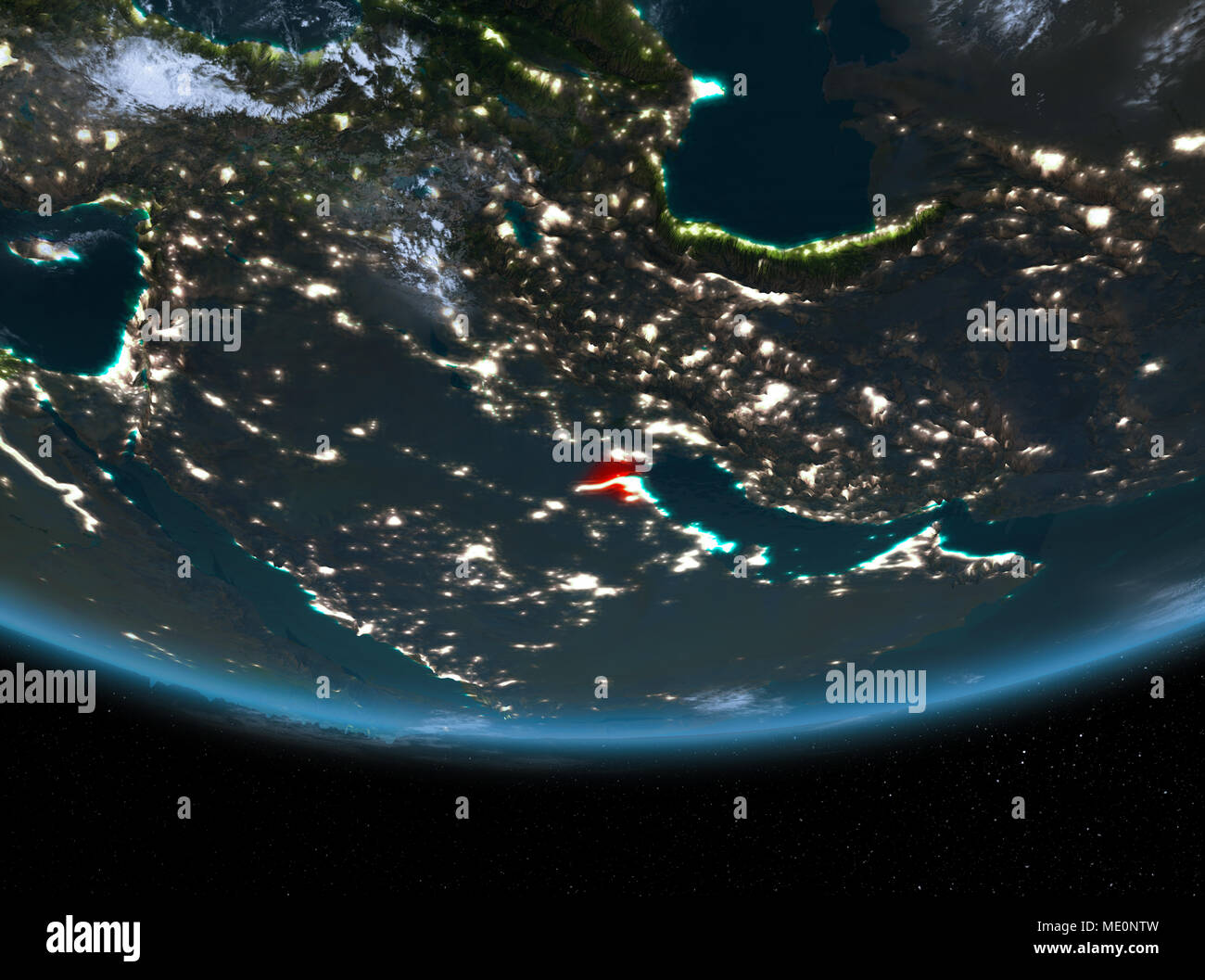 Kuwait at night highlighted in red on planet Earth with clouds. 3D ...